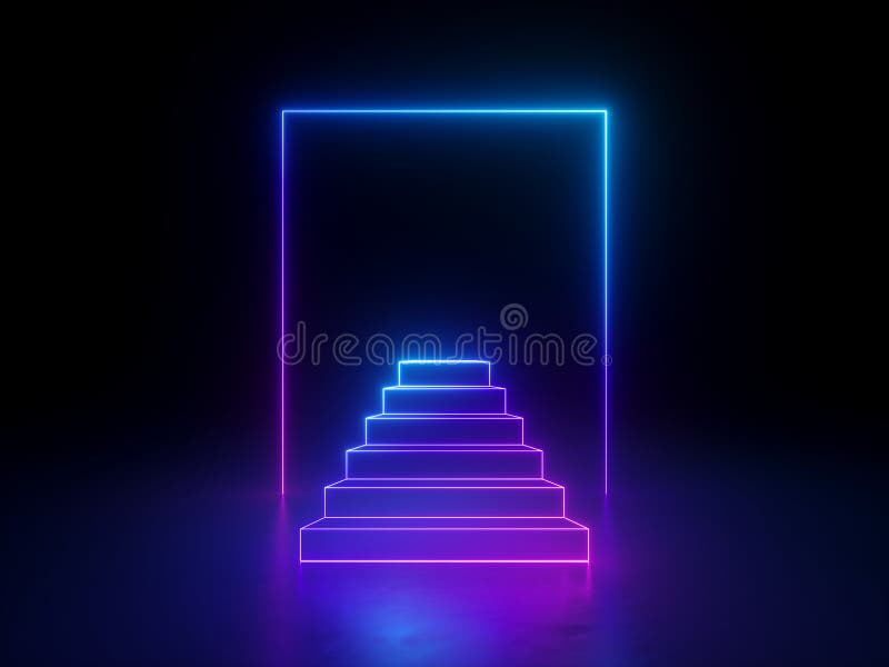 3d Abstract Neon Rectangular Portal and Steps Isolated on Black ...
