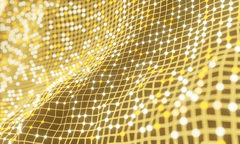 3D Abstract Network Data. Blurred Background. Yellow Grid Wireframe ...