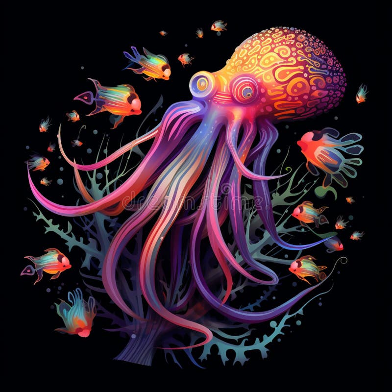 2D Abstract Paint Squid, Surrounded by Coral Reef, Black Background ...