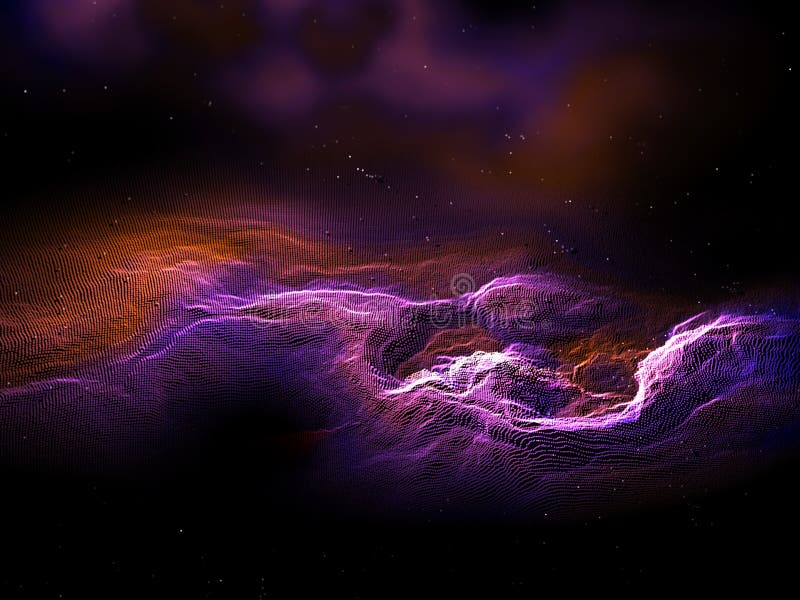 3D Abstract Particle Landscape with Galaxy Effect Stock Illustration ...