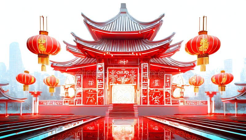 3D Abstract Realistic Illustration of Neon Red Light Neon Chinese New ...