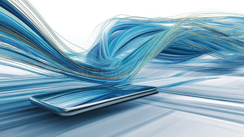 3D Abstract Render of Smartphone Emerging from Dynamic Digital Wave ...