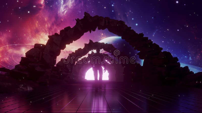 3D Abstract of a Silhouetted Man Walking on Arch Dark Frames Neon ...