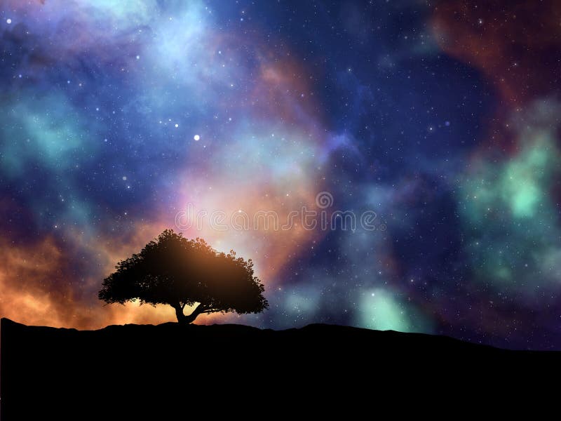 3D Abstract Space Scene with Tree Landscape Stock Illustration ...