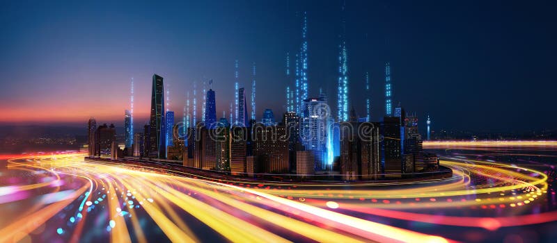 3D Abstract Speed Light Flow through the City with Gradient and ...