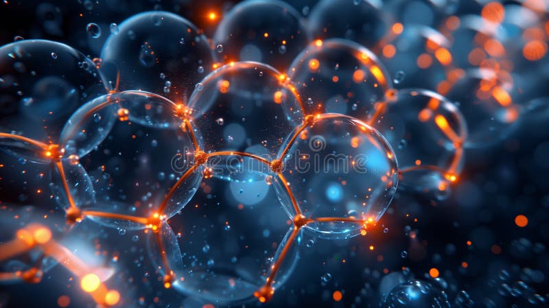 3D Abstract Structure of Transparent Spheres Connected by Orange Lines ...