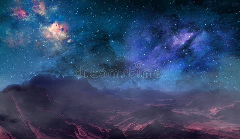 3D Abstract Surreal Landscape with Space Sky Stock Illustration ...