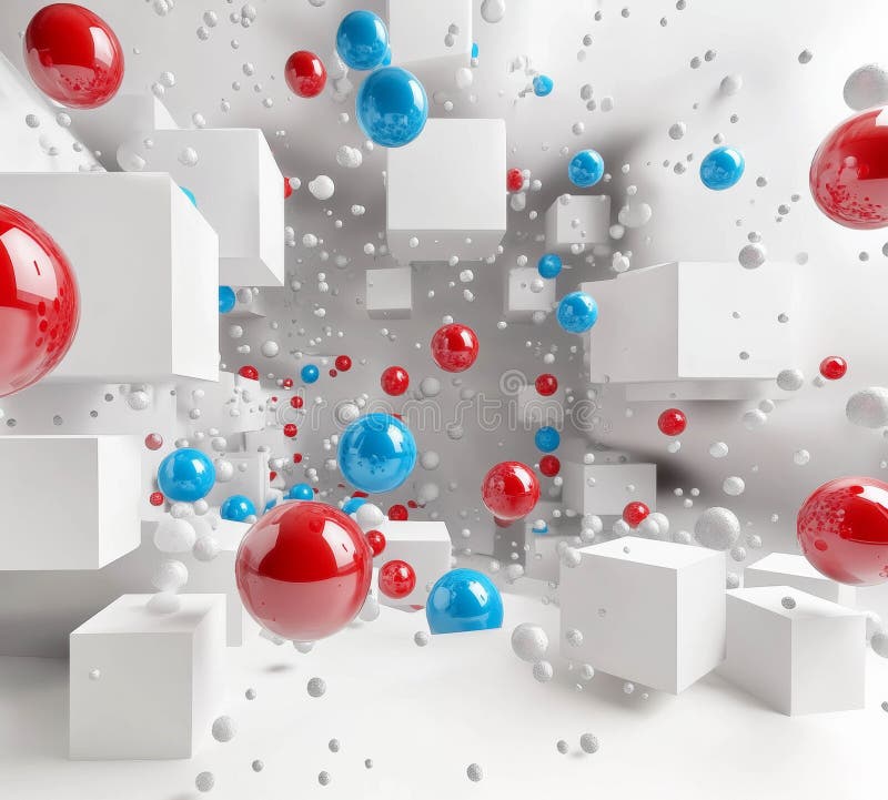 3D Abstract White Background with Floating Spheres and Cubes Stock ...