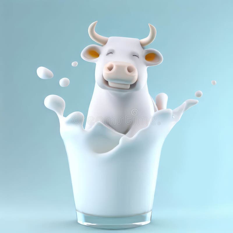 3D Ai Render of a Happy Cow Jumping in Milk Splash Stock Illustration ...