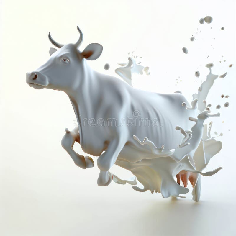 3D Ai Render of a Happy Cow Jumping in Milk Splash Stock Illustration ...