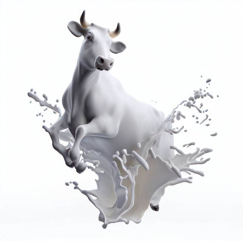 3D Ai Render of a Happy Cow Jumping in Milk Splash Stock Illustration ...