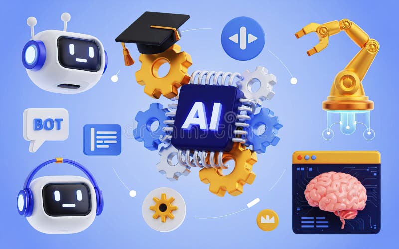 3D AI Tech Objects Robot Faces, Gear, Brain, Robotic Arm on Blue ...