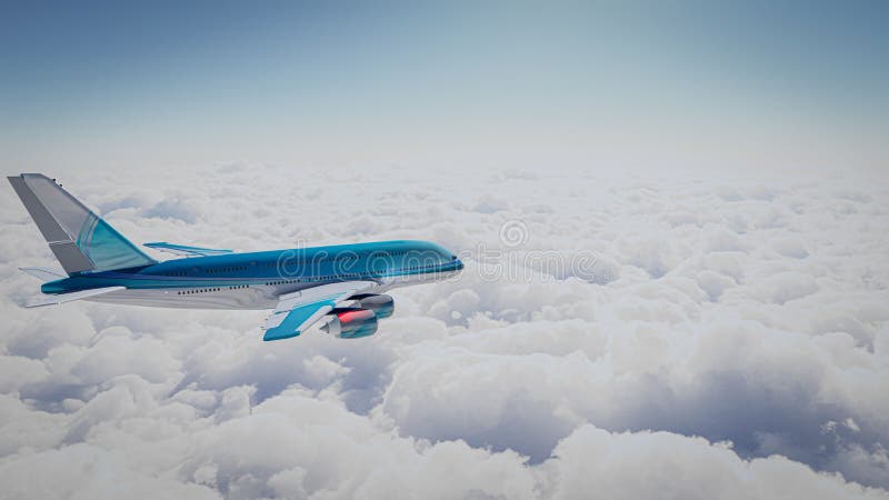 3D Airplane with the Clouds on Blue Background, Top View. 3D Render ...
