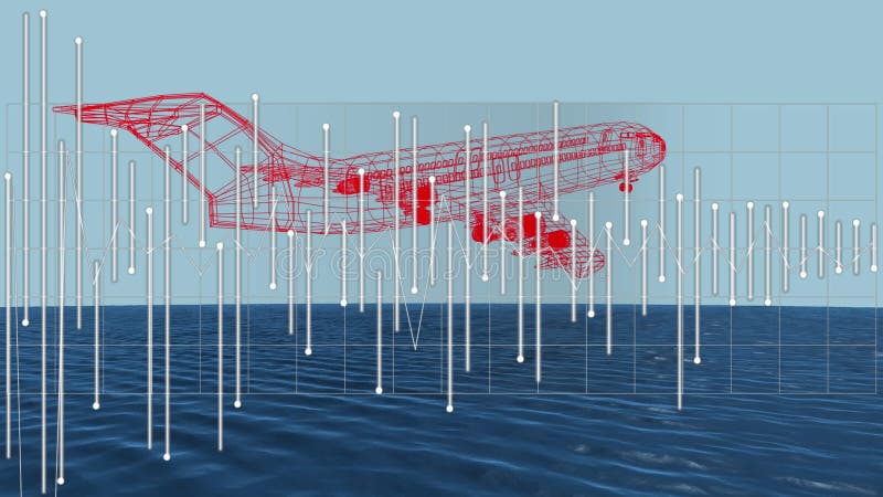 3D Airplane Technical Drawing with Data Processing Over Sea in ...
