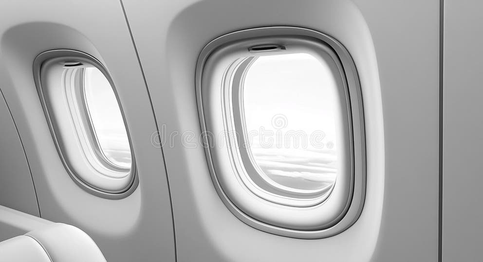 3D Airplane Window View with Clouds and Bright Sky in a Grayscale ...