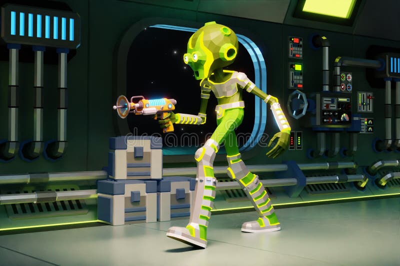 3D Alien with Blaster is Walking Down Corridor of Space Station Stock ...