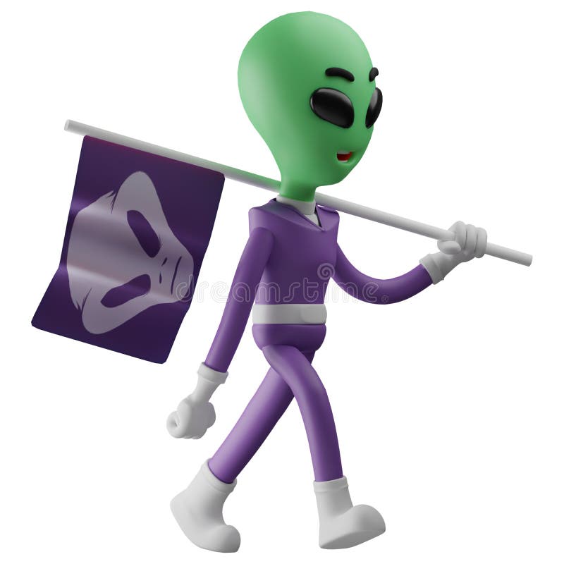3D Alien Cartoon Illustration Holding a Waving Flag Stock Illustration ...