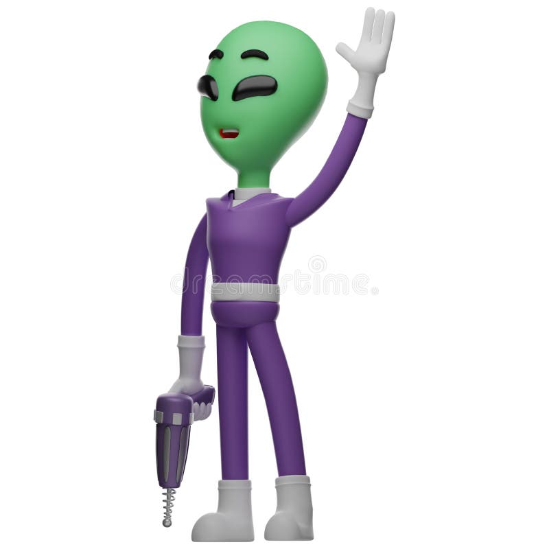 3D Alien Cartoon Illustration Standing with Waving Hand Stock ...