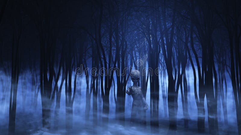3D alien in a foggy forest stock illustration. Illustration of horror ...