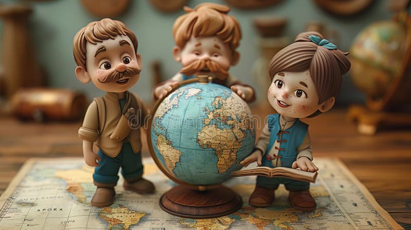 3D Animated Group Studying a Globe World Exploration Theme Perfect for ...