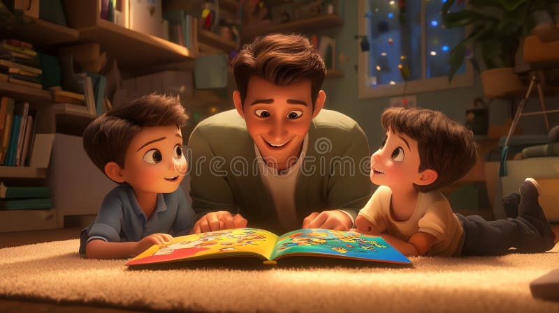 3D Animated Illustration Father Reading To Sons Stock Illustration ...