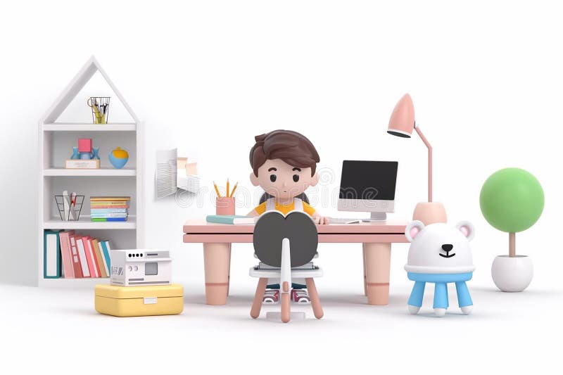 3D Animated Illustrations, Boy Studying from Home, Online Learning ...