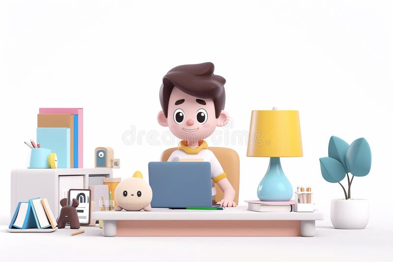 3D Animated Illustrations, Boy Studying from Home, Online Learning ...