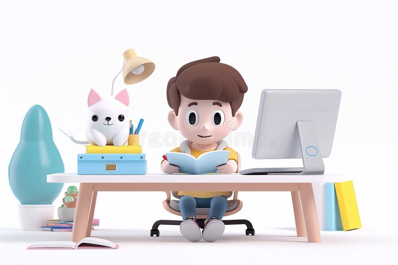 3D Animated Illustrations, Boy Studying from Home, Online Learning ...