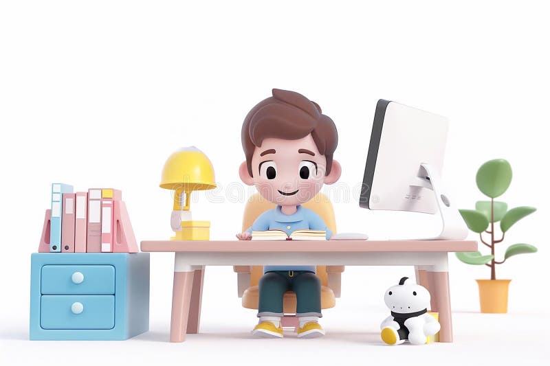 3D Animated Illustrations, Boy Studying from Home, Online Learning ...