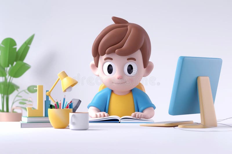 3D Animated Illustrations, Boy Studying from Home, Online Learning ...