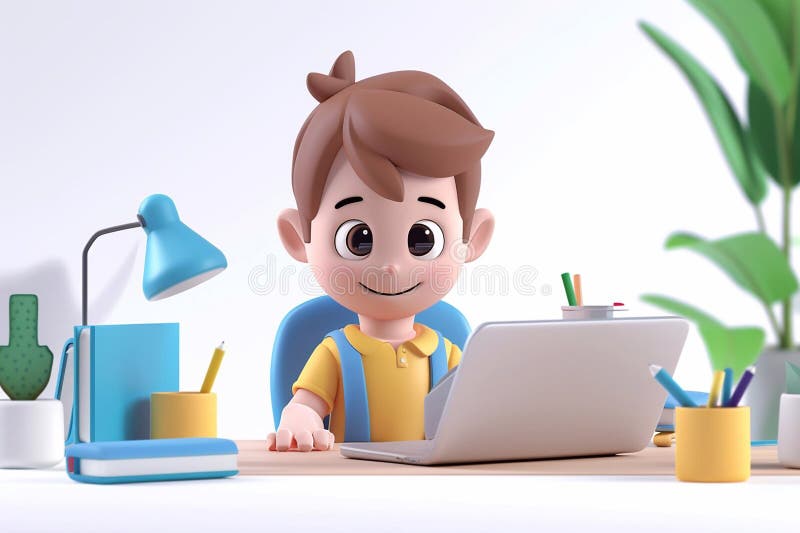 3D Animated Illustrations, Boy Studying from Home, Online Learning ...