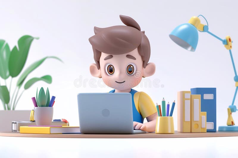 3D Animated Illustrations, Boy Studying from Home, Online Learning ...