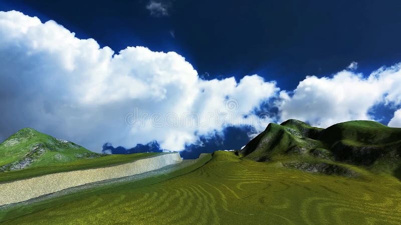 03 3D Animated Landcape of Green Fields, Mountains, Blue Sky and Clouds ...