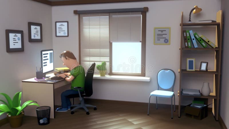 3D Animated Man Freelancer Working on Computer while Sitting on Desk in ...