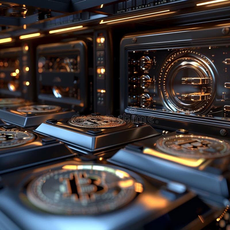 A 3D Animated Model of a High-tech Vault with Shining Bitcoins Neatly ...