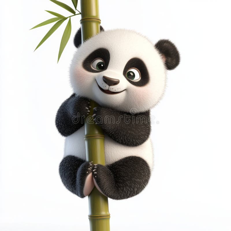 A 3D Animated Panda Cub with a Joyful Expression, Hugging a Green ...