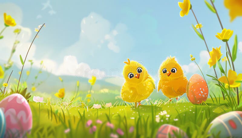 A 2D Animated Picture of Cute Chicks and Easter Eggs Stock Illustration ...