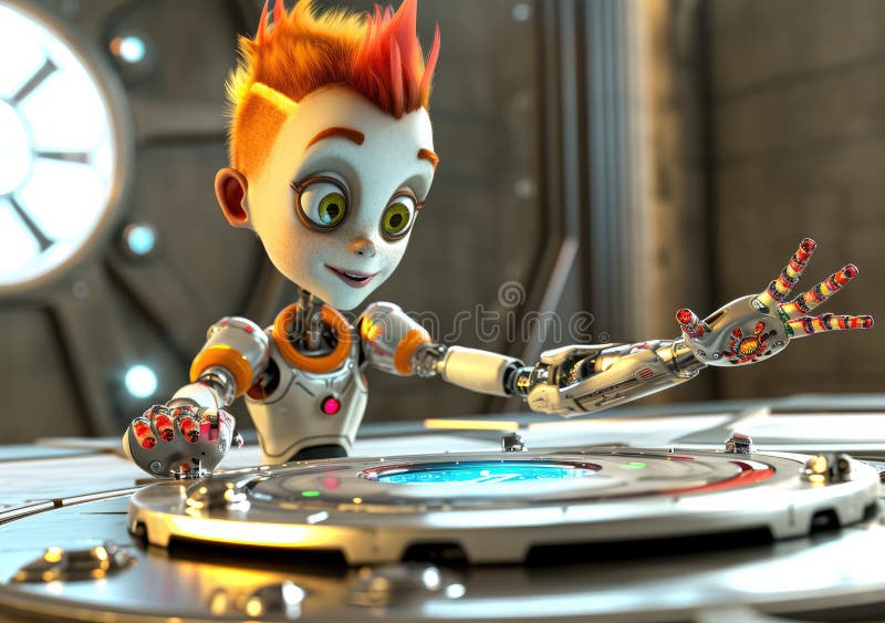 Futuristic Robot Child at Control Panel Stock Illustration ...