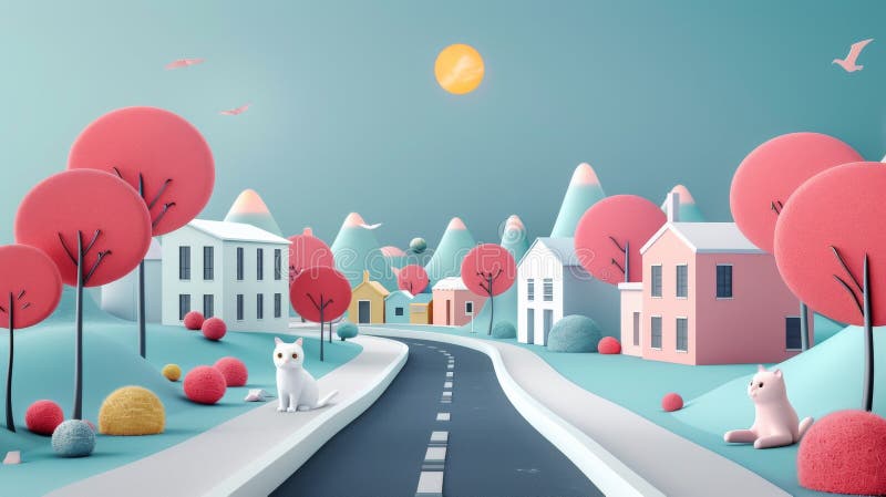 A 3d Animated Scene of a Road with Houses and Trees, AI Stock ...