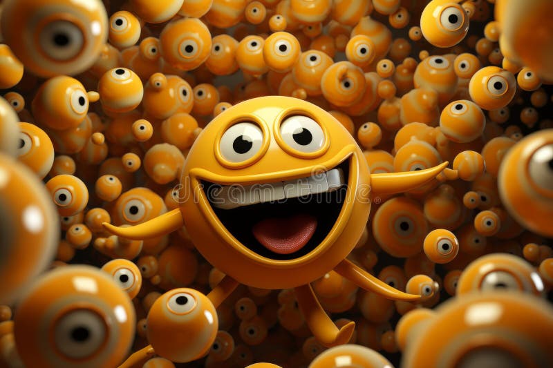 3d Animated Smiley Face Surrounded by Many Small Yellow Eyes Stock ...