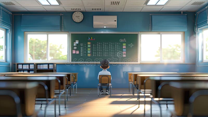 3D Animated Student Alone in a Classroom Facing a Blackboard. Stock ...