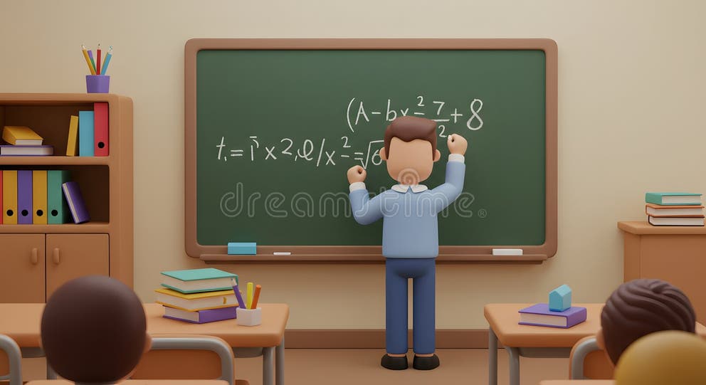 3D Render: Animated Teacher Solving Math Equations on Chalkboard in ...