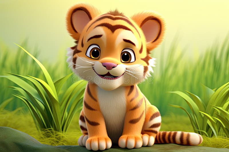 A 3D Animated Tiger Cub Sitting Playfully on a White Background ...