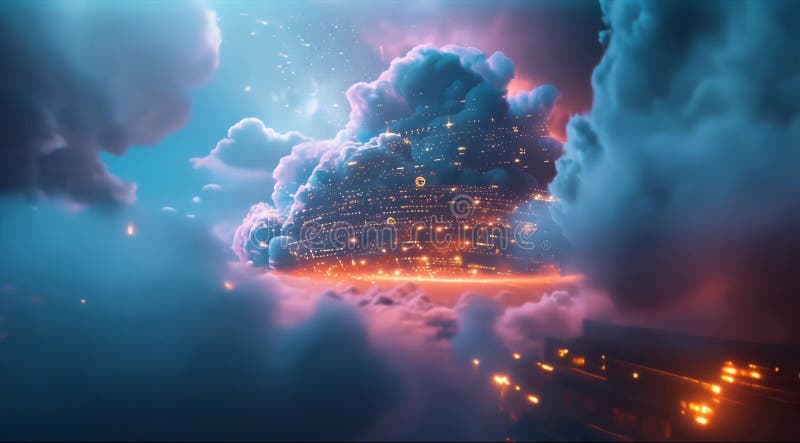 Cloud Computing Concept Visualization: a City in the Sky with Data Flowing Below. Generative AI ...