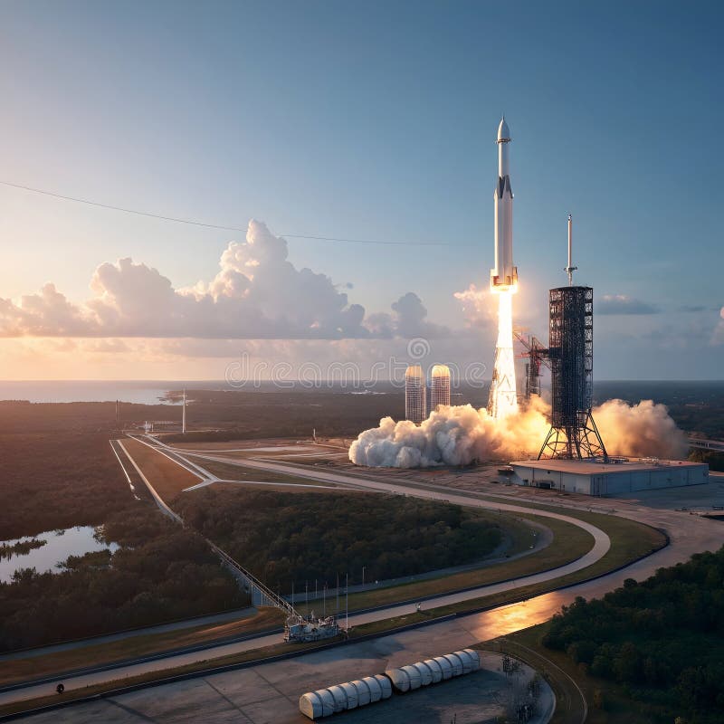 A 3D Animation Depicting a Rocket Launching at Dawn Stock Illustration ...