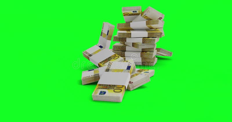 3D Animation of Falling 200 Euro Packs on Empty White, Green, and Then ...