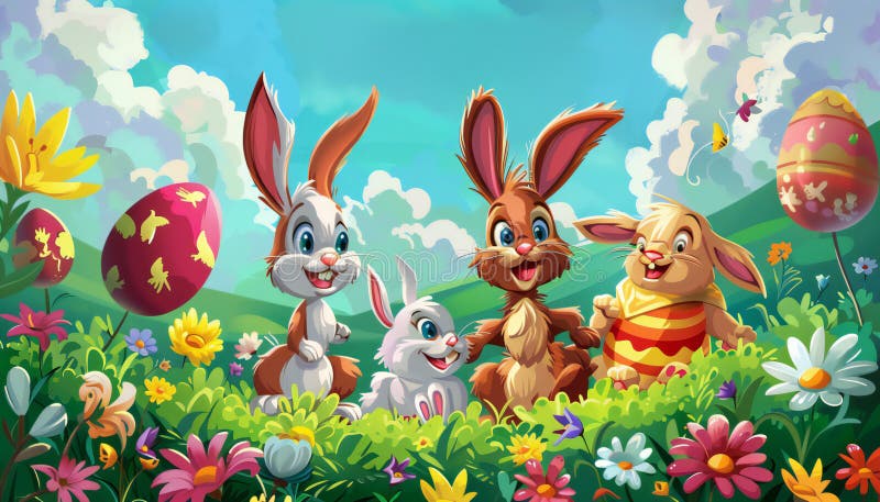 A 2D Animation Featuring a Joyful Easter Setting with Rabbits, Eggs ...