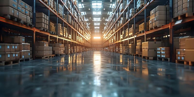 A 3D Animation of a Large Warehouse with Cardboard Boxes on Shelves ...