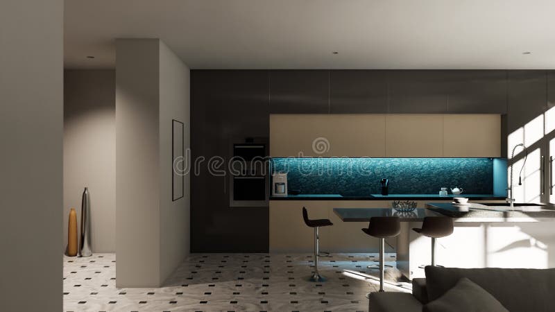 3D Animation of a Modern Interior with a View of the Kitchen. Stock ...