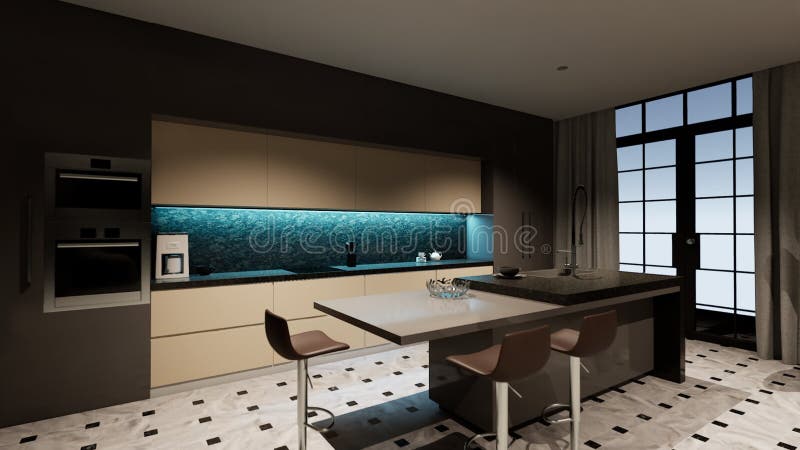 Modern Large Kitchen. 3d Animation of the Kitchen. Stock Footage ...